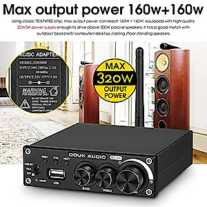 Douk Audio M1 PRO 320W Bluetooth Power Amplifier, 2 Channel Audio Amp, Wireless Receiver, for Home Stereo Speakers/Active Subwoofer, with Treble & Bass Control/U-Disk Music Player