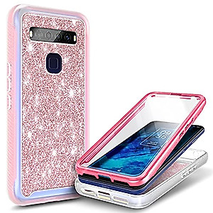 NZND Case for TCL 10 5G UW (Verizon) with Built-in Screen Protector, Full-Body Protective Shockproof Matte Rugged Bumper Cover, Impact Resist Durable Phone Case (Glitter Rose Gold)