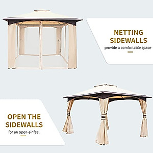 Outsunny 10' x 12' Outdoor Gazebo with Mesh Netting Sidewalls for Shade and Rain, Patio Gazebo Canopy with 2-Tier Soft Top Roof and Steel Frame for Lawn, Garden, Backyard and Deck