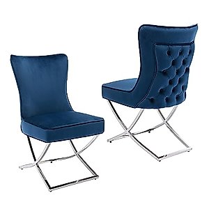 FOREDO Modern Stainless Steel Legs Velvet Dining Chairs Set of 2, Royal Comfortable Upholstered Dining Chairs with Button Tufted Back Solid Piping Around Dining Room Chairs, Dark Blue