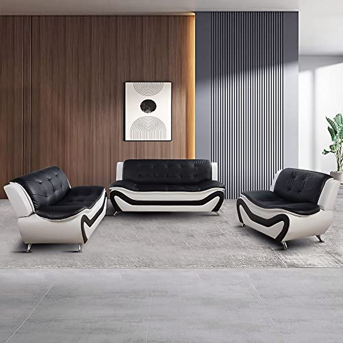 HOMVET Faux Leather 3 Piece-Modern Sofa,Couch Set for Living Room,Black & White