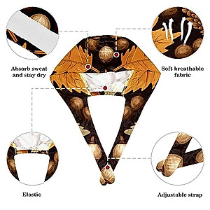 Happy Thanksgiving Acorns Bouffant Working Cap with Ribbon Tie for Women Long Hair, Scrub Surgical Hat, One Size Head Cover