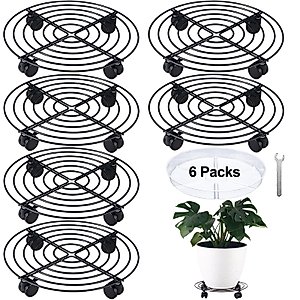 6 Packs Large Metal Plant Caddy with Wheels 14” Rolling Plant Stands Heavy-duty Wrought Iron Plant Roller Base Pot Movers Plant Saucer on Wheels Indoor Outdoor Plant Dolly with Casters Planter Tray