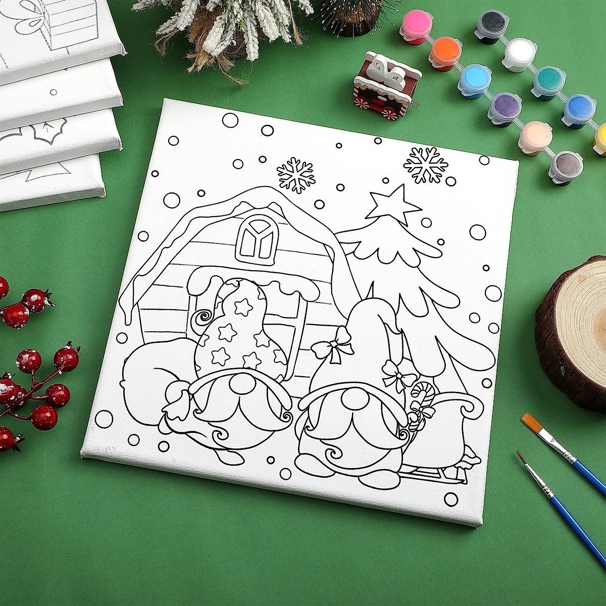 Cholemy 12 Set Christmas Pre Drawn Canvas for Painting 10 x 10 Inch Xmas Trees Santa Snowman Canvas Boards with 12 Acrylic Paints and 12 Paintbrushes for Adults DIY Art Paint Supplies, 12 Styles