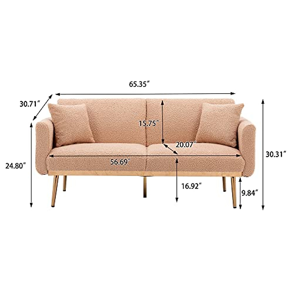 Eafurn Sherpa Teddy Futon Sofa Bed, Modern Boucle Upholstered Comfy Loveseat Couch Sleeper Sofabed with Golden Metal Legs and Throw Pillows, Small Folding Sofa&Couch for Home Office, Camel 65.35"