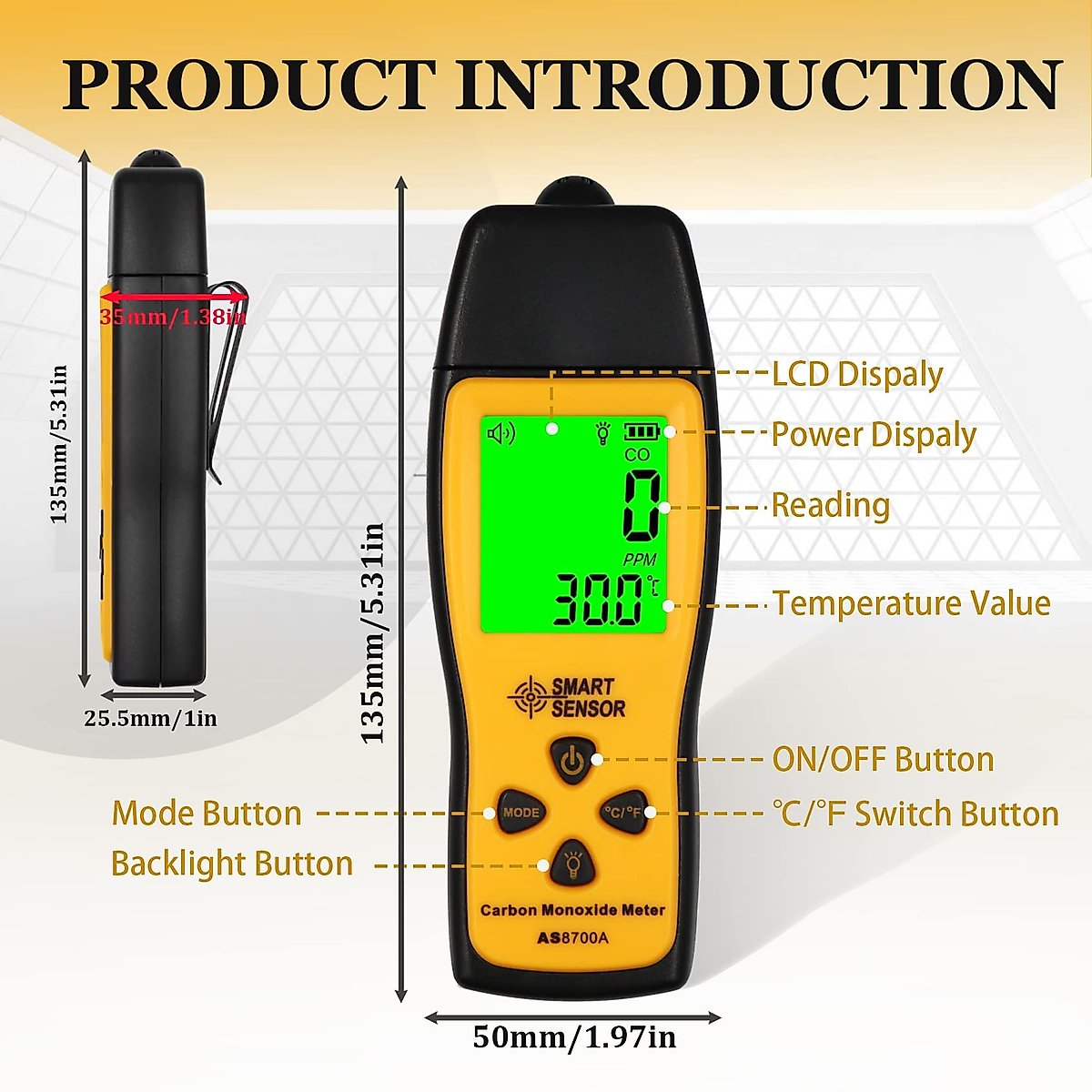 Lunarlipes Carbon Monoxide Detectors, Portable CO Detector with Temperature Sensor ＆ LCD Backlight Screen, Handheld Carbon Monoxide Meter Tester 0-1000PPM Range, Indoor/Oudoor (Includes Battery x3)