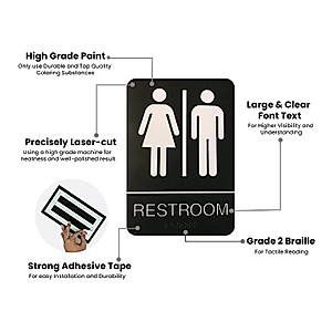 CORKO MANUFACTURING Unisex Braille Restroom Sign - Comes with Graphical Symbols and Double Sided 3M Tape to Secure Perfectly in Less Than a Minute - Size 9 x 6 Inch | Black