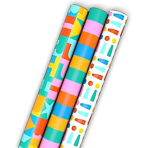 Hallmark Birthday Wrapping Paper Mini Rolls, 3-Pack (Rainbow Block Letters, Stripes, Exclamation Points) for Birthdays, Graduations, Celebrations, Any Occasion - 45 Sq. Ft. Total
