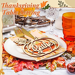 18 Set Thanksgiving Plate Decor 9 Fall Thankful Cutlery Utensil Holders with 9 Maple Pumpkin Turkey Wood Place Cutouts Sign Gold Grateful Blessed Gather Autumn Table Plate Sign (Maple,Pumpkin)