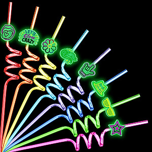 Gerrii 24 Pcs Glow in the Dark Party Favors Crazy Straw with 24 Luminous Toppers Reusable Twisty Straws Plastic Swirly Straws for Kids Neon Party Supplies Theme Birthday Drinking Decorations, 8 Styles