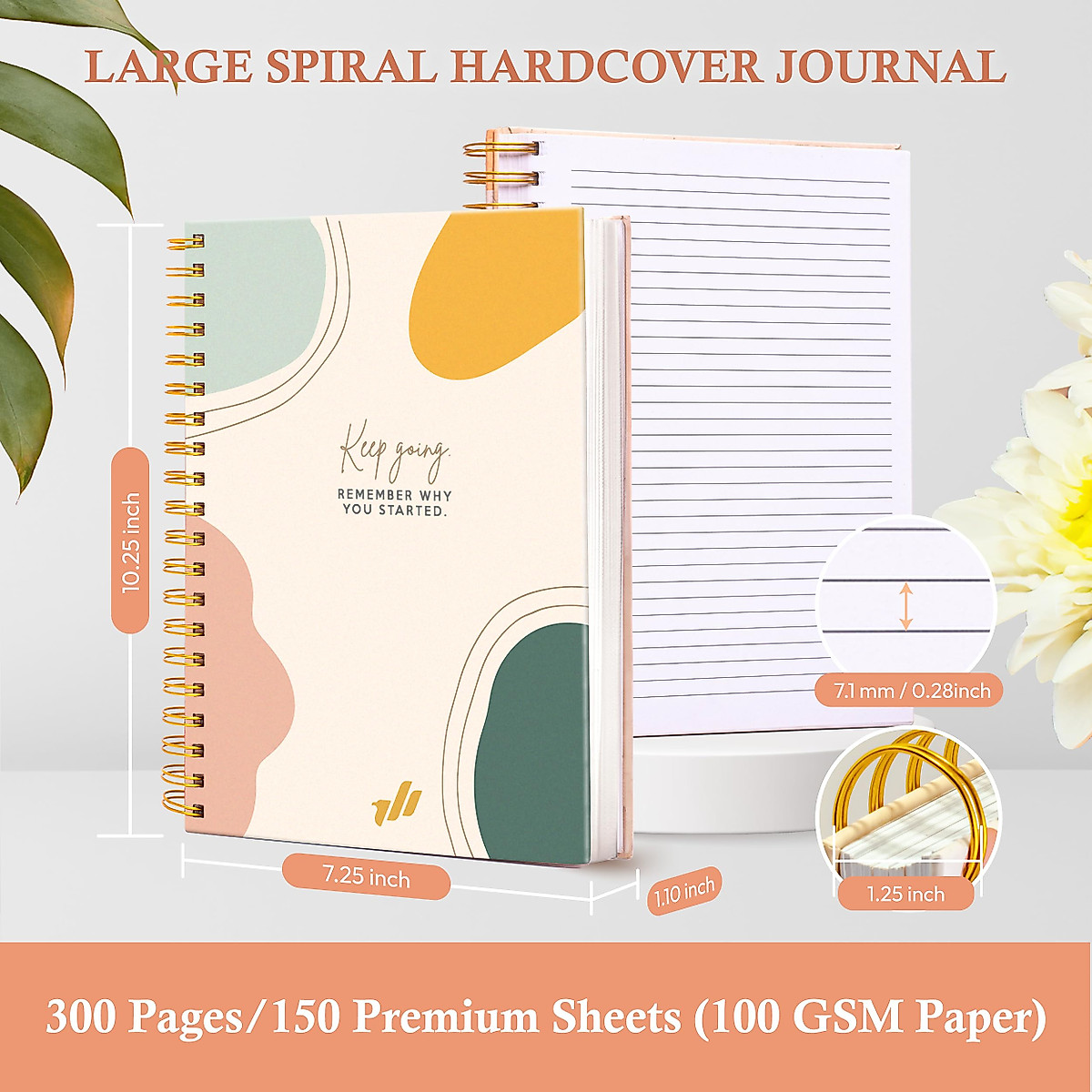 Only Zest Hardcover Spiral Journal, 10.25" x 7.25", 300 Pages Large College Ruled Notebook for Women, Ideal for Writing, Journaling, Note-Taking, Work, School