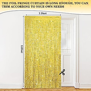3 Pcs Fringe Curtain Backdrop,3.3 x 6.6 ft Wave Streamers Tinsel Metallic Curtains Photo Backdrop Streamers for Mermaid Birthday Under Sea Ocean Themed Party Decorations (Gold)