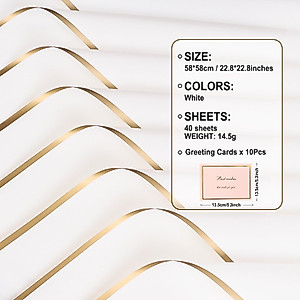 40 Sheets Gold Edge Flower Wrapping Paper with Cards, White Bouquet Wrapping Paper Watertight Floral Wrapping Paper, Florist Bouquet Supplies, DIY Floral Paper for Flower Shop Wedding Birthda