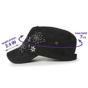 ililily Crystal Gemstone Stud Flower Vintage Cotton Military Army Hat Cadet Cap, Black
