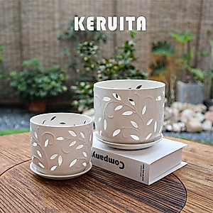 KERUITA Orchid Pots with Holes,6 inch + 5 inch Ceramic Planters Set of 2 with 2 Bottom Tray, Enhanced Drainage and Ventilation,White Flower Pots for Indoor/Outdoor Plants for Repotting