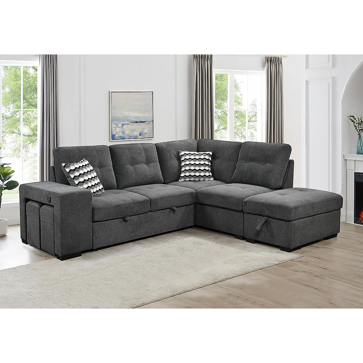 THSUPER 100 inch Linen Sectional Sleeper Sofa with Pull Out Bed, L Shaped Convertible Sectional Sleeper Couch with Storage Ottoman, 2 Foot Stool and USB Ports, Dark Gray