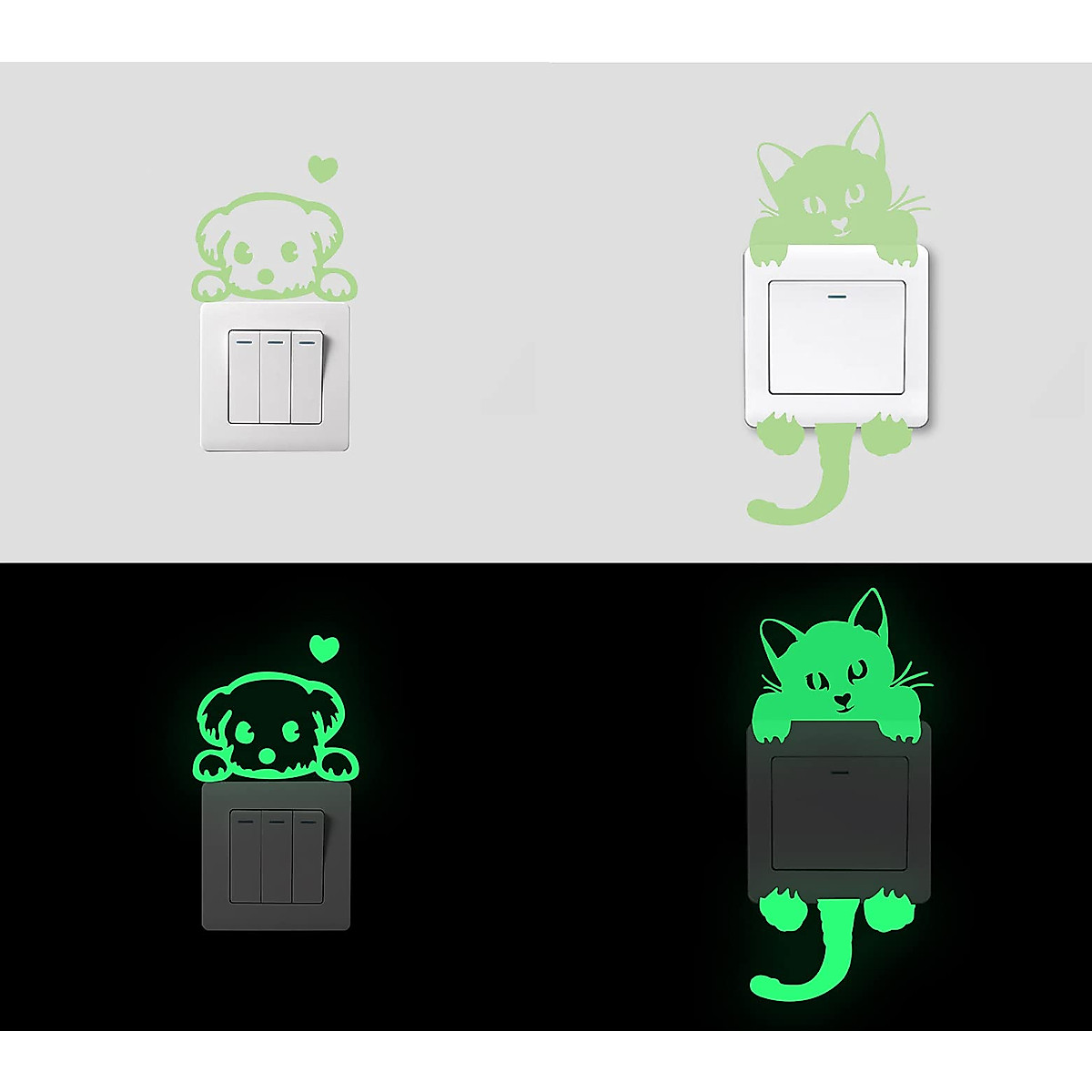 JIESWMY 5 Packs Glow in The Dark Wall Stickers,Luminous Switch Sticker,Cartoon Cat Dog PVC Wall Stickers for Kids and Adult Nursery Bedroom Living Room, 13*13cm, 5665-265
