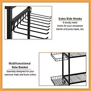 Yoga Mat Storage Rack Weight Rack for Dumbbells Home Gym Storage Rack Workout Equipment Storage Cart Hooks for Yoga Mats, Dumbbells, Kettlebells, Foam Rollers, and Resistance Bands, Black