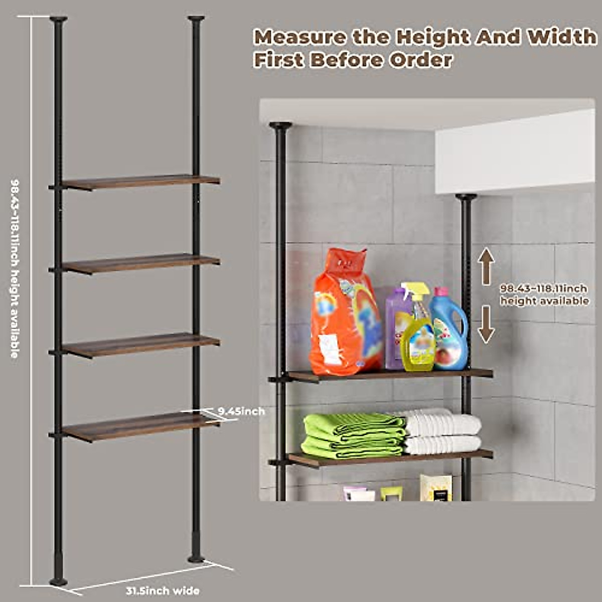 innotic Over The Toilet Storage, 4-Tier Adjustable Wooden Bathroom Organizer Shelves, 99 to 118 Inch Tall, Load Capacity 44 lb per Tier, Space Saver, Anti-Slip, Easy to Assemble, Vintage Brown