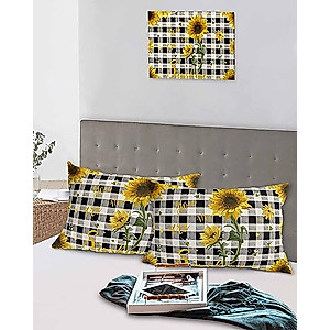 Summer Sunflower Pillow Covers Standard Size Set of 2 20x26 Bed Pillow, Black White Plaid Spring Floral Bee Rustic Wood Plush Soft Comfort for Hair/ Skin Cooling Pillowcases with Envelop Closure