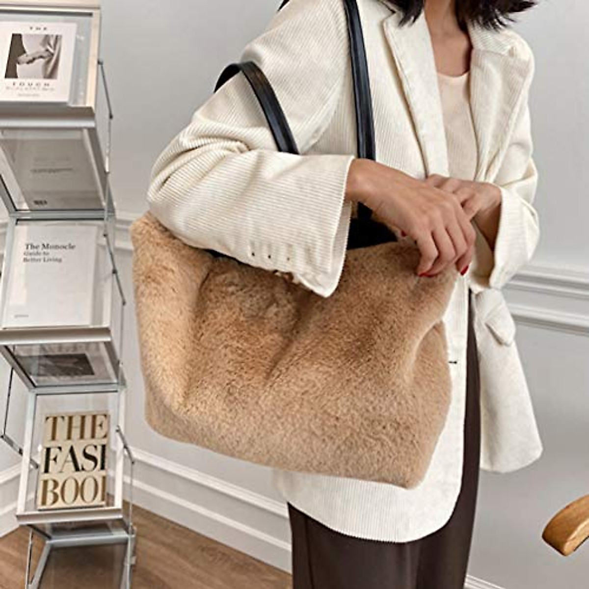 VALICLUD Large Work Tote Large Faux Fur Handbag Plush Bucket Tote Hobo Bag Oversize Fuzzy Fluffy Handle Satchel Fashion Shoulder Bag for Women Womens Laptop Tote