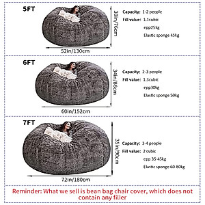 Giant Fur Bean Bag Chair Cover for Kids Adults, (No Filler) Living Room Furniture Big Round Soft Fluffy Faux Fur Beanbag Lazy Sofa Bed Cover (Black, 7FT)