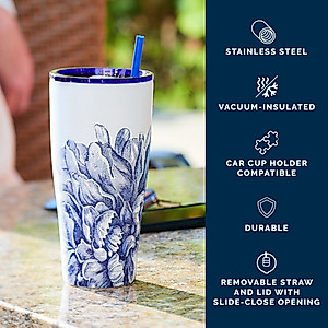 Caskata Peony Stainless Steel Insulated Tumbler | Floral Cup, Lid & Straw Set for Travel, Commuting, & School | Perfect for Birthday, Christmas & Holiday Gifts | Blue on White Color | 30 oz