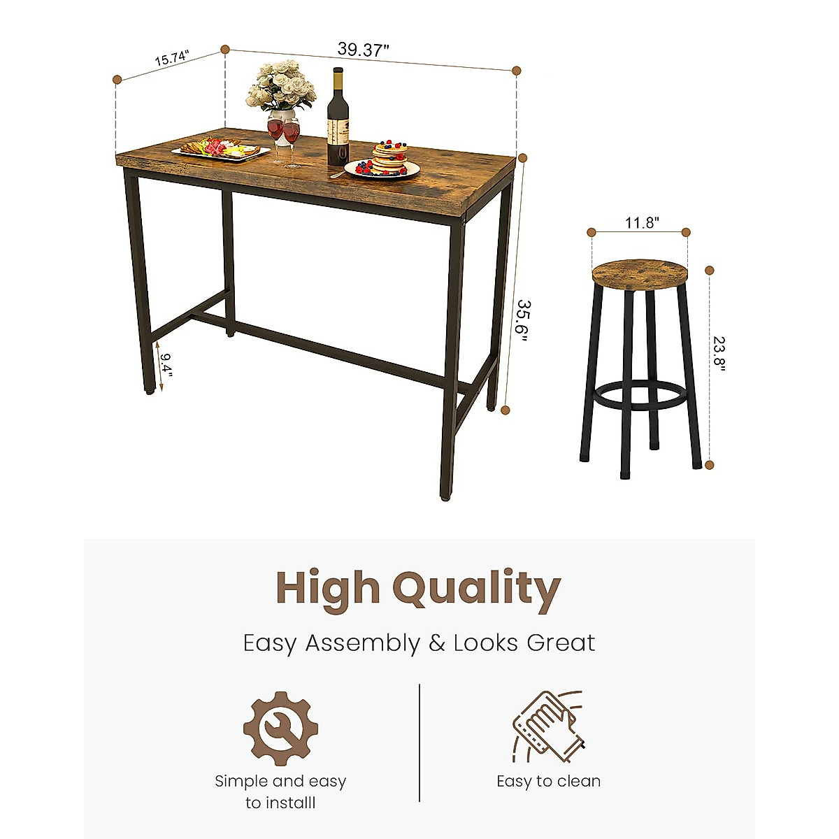 Recaceik 3 Piece Pub Dining Set, Modern bar Table and Stools for 2 Kitchen Counter Height Wood Top Bistro Easy Assemble for Breakfast Nook Living Room Small Space Restaurant, Rustic Brown 39”