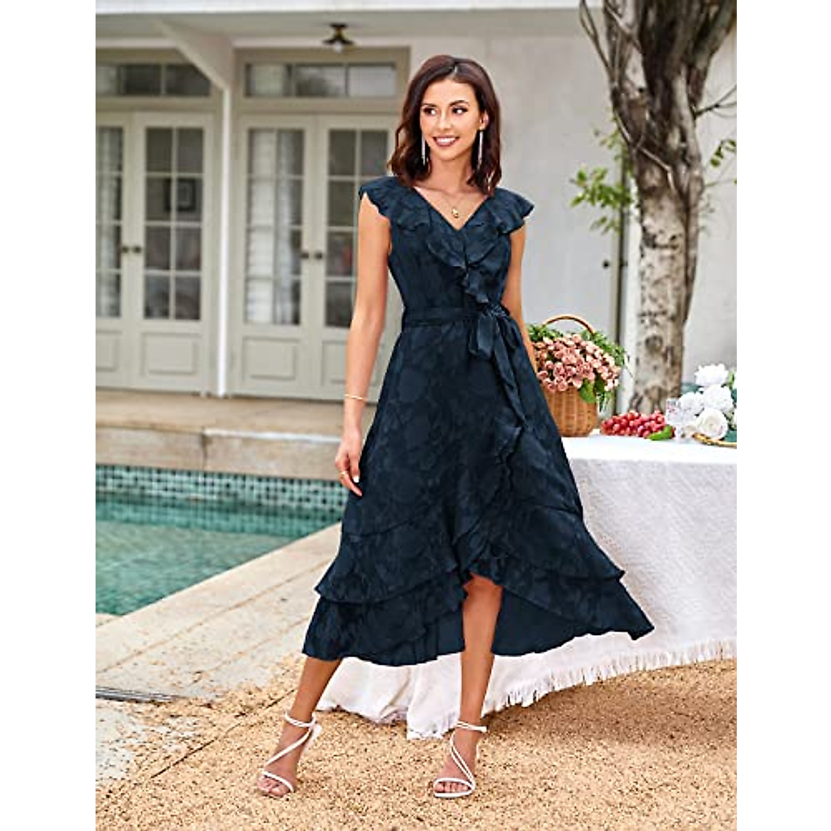 Women's Summer Long Dresses for Women Wedding Guest Floral Textured Wrap V Neck Boho Flowy Dress Navy Blue XL