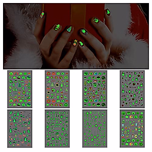Cerlaza 450+pcs Luminous Christmas Nail Stickers for Kids Girls Christmas Stocking Stuffers, Self-Adhesive Glow Christmas Nail Decals, Holiday Nail Stickers with Santa Claus, Christmas trees, Gingerbread men-8 Sheets