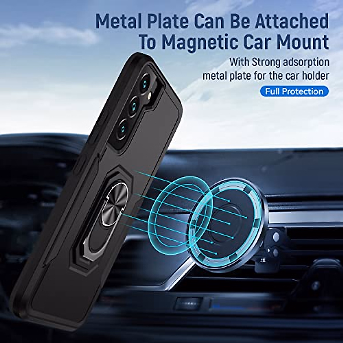 Samsung Galaxy S22 Case with Screen Protector, Military Grade Dual Layer Shockproof Heavy Duty Shockproof Full Body Protective Phone Cover, Built in Rotatable Magnetic Ring Holder for S22 5G (Black)