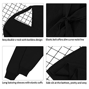 Viottiset Women's V Neck Batwing Long Sleeve Sexy Slim Elegant Open Back Wrap Bodycon Holiday Slit Long Maxi Knit Sweater Dresses with Belt Black X-Large