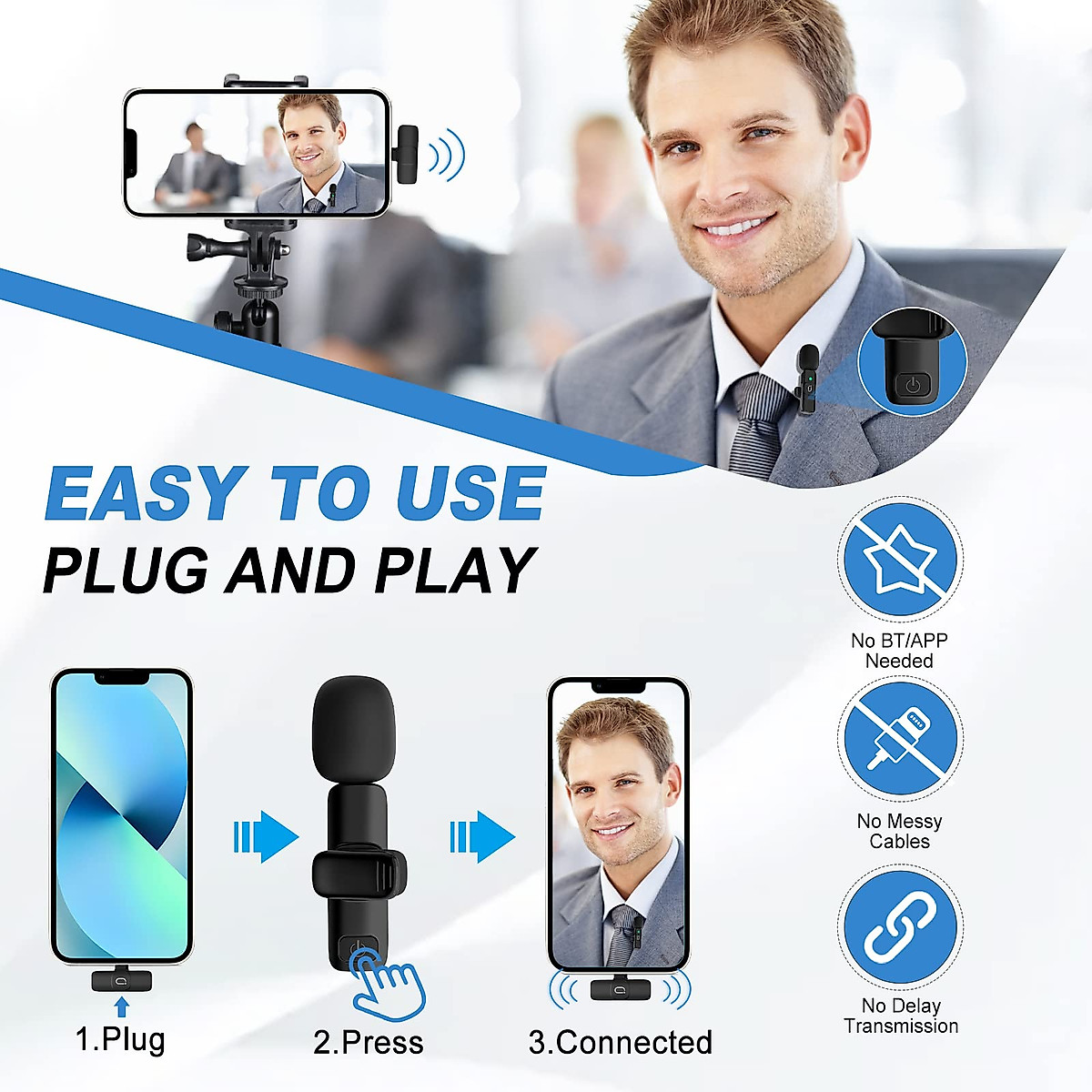 JAUYXIAN K37 Wireless Lavalier Microphone for iPhone, 2 Packs Cordless Lapel Mics, Mini Microphones Recording Mic for Live Stream, Plug-Play/Noise Reduction / 10H for Podcast Vlog YouTube
