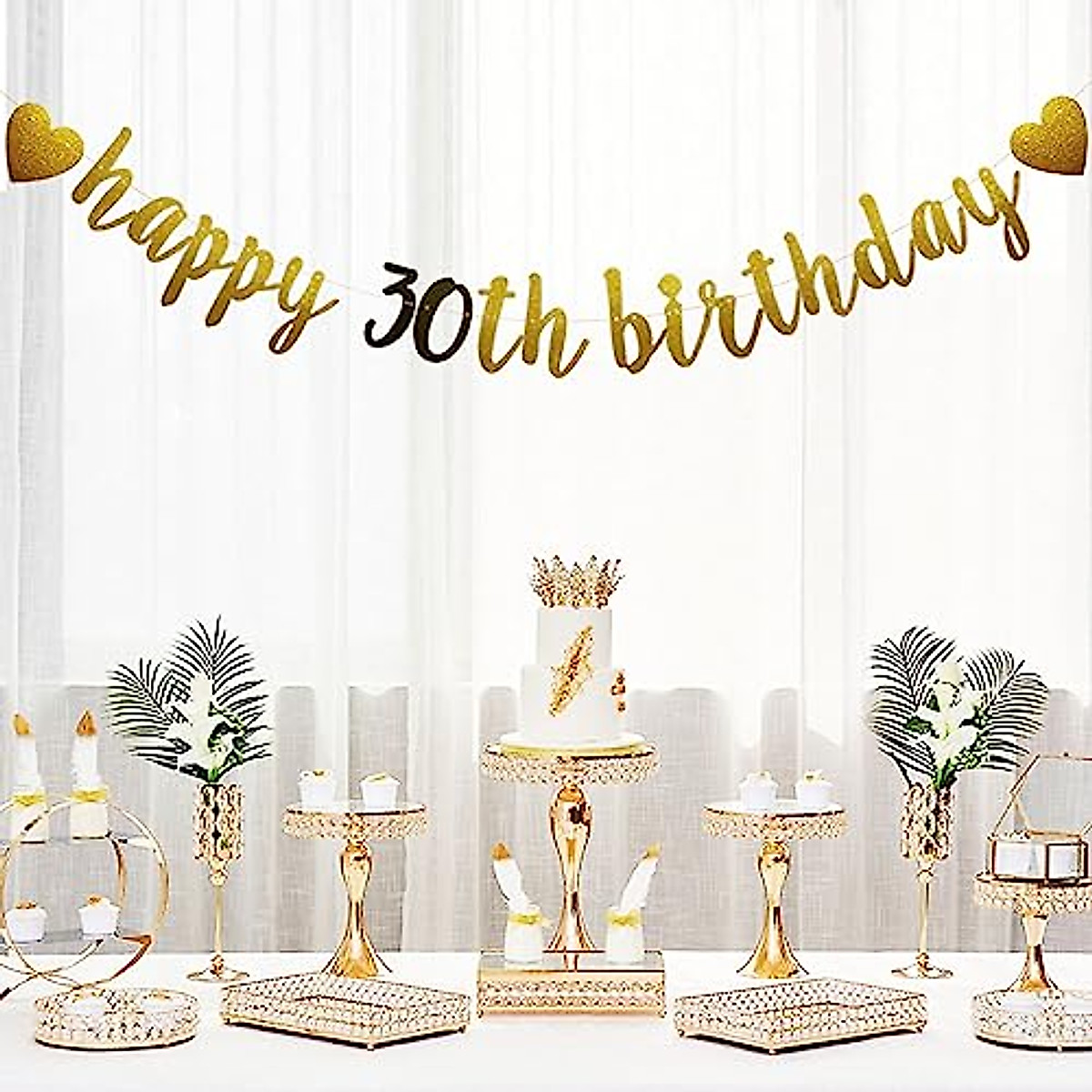 Happy 30th Birthday Banner, Pre-Strung,Gold and Black Glitter Paper Garlands Banner for 30th Birthday Party Decorations Supplies, Letters Gold and Black,Betteryanzi