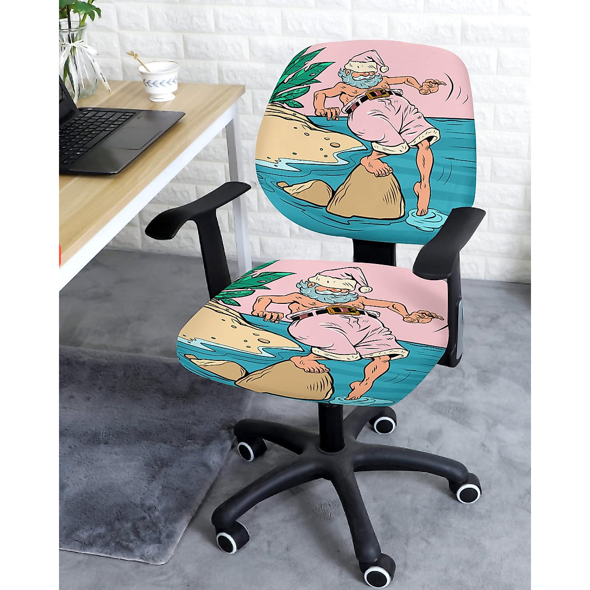 Tropical Santa Claus Office Chair Cover Stretchable Computer Chair Seat Cover Backrest Slipcovers, Stretchable Rotating Desk Chair Seat Cushion Split Protectors Christmas Pine Palm Tree Leaf
