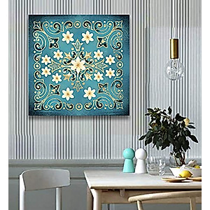 Bathroom art Bedroom decor Canvas wall art Floral pattern Print Bathroom abstract picture Teal bathroom accessories Wall decor Framed artwork Wall art hanging on Living room office 14"x14"x4 Panels