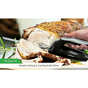 NutriChef Upgraded Premium NutriChef Electric Knife - 8.9" Carving Knife, Serrated Blades, Lightweight, Ergonomic Design Easy Grip, Easy Blade Removal, Great For Thanksgiving, Meat & Cheese, Black -