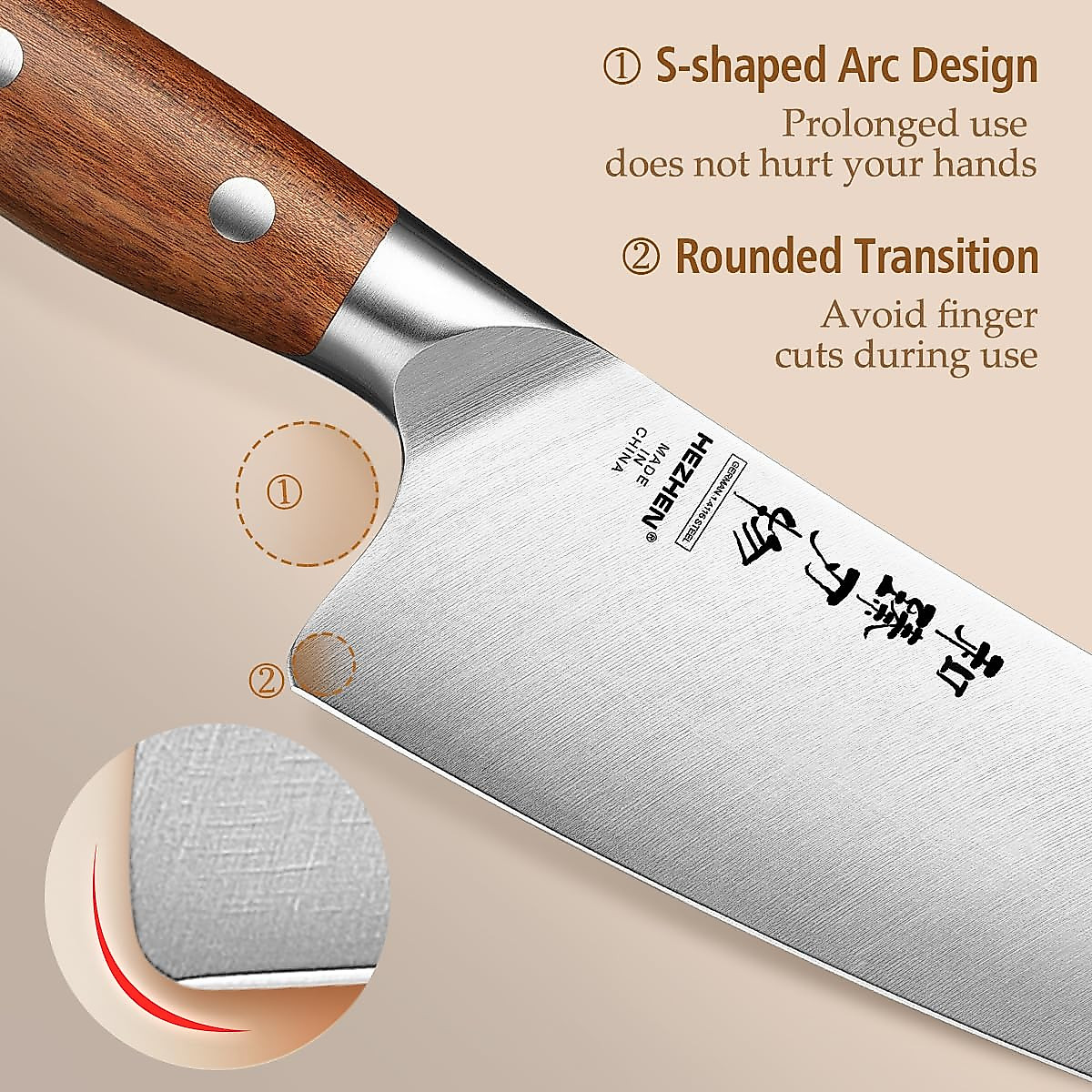 HEZHEN Pro Chefs Knives 8.3 Inch,High Carbon German 1.4116 Steel,Stainless Steel Rivets with Red Wood Handle，Razor Sharp,Super Edge,with Woodern Knife Sheath