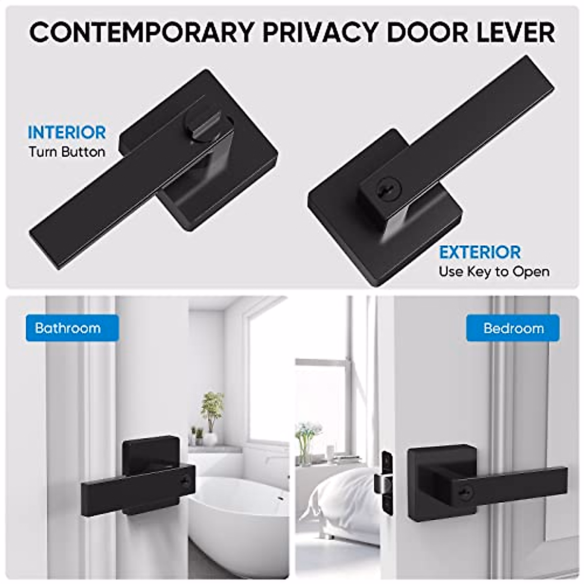 TICONN Door Handle Heavy Duty, Reversible Square Door Lever for Bedroom, Bathroom and Rooms (Black, Keyed Entry - Not Keyed Alike)