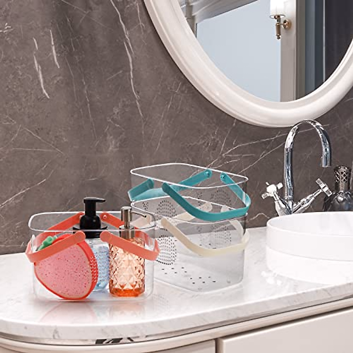 ZENFUN 3 Pack Portable Shower Caddy with Handles, Plastic Tote Storage Basket Toiletry Organizer Bin, Portable Toiletry Caddy for Holding Soap, Shampoo, Bathroom, College Dorm, White, Pink, Blue