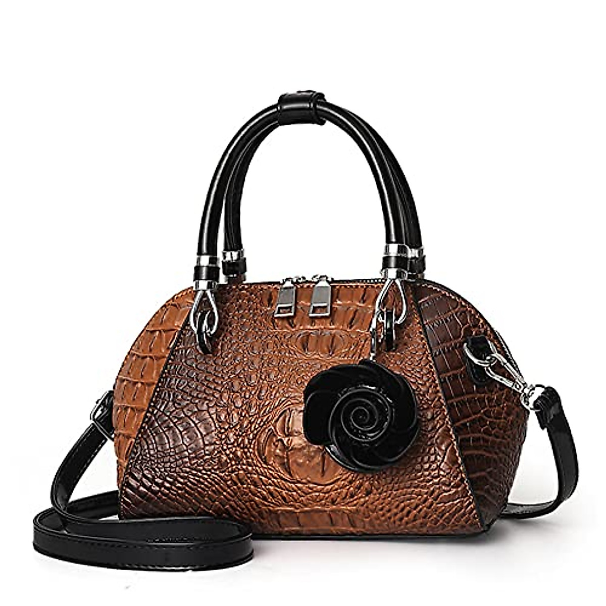 Dome Satchel Handbags for Women Medium Crocodile Top Handle Crossbody Bags Ladies Retro Tote Purses with Zipper (Brown)