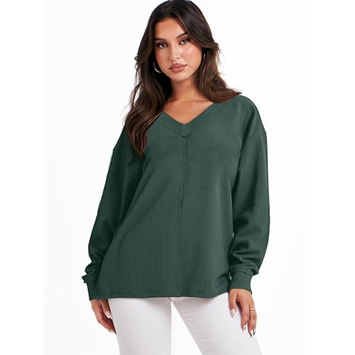 ANRABESS Oversized Long Sleeve Shirts for Women Off the Shoulder Sweatshirt Loose V Neck Tunic Tops High Low Sweater 2024 Large Dark Green