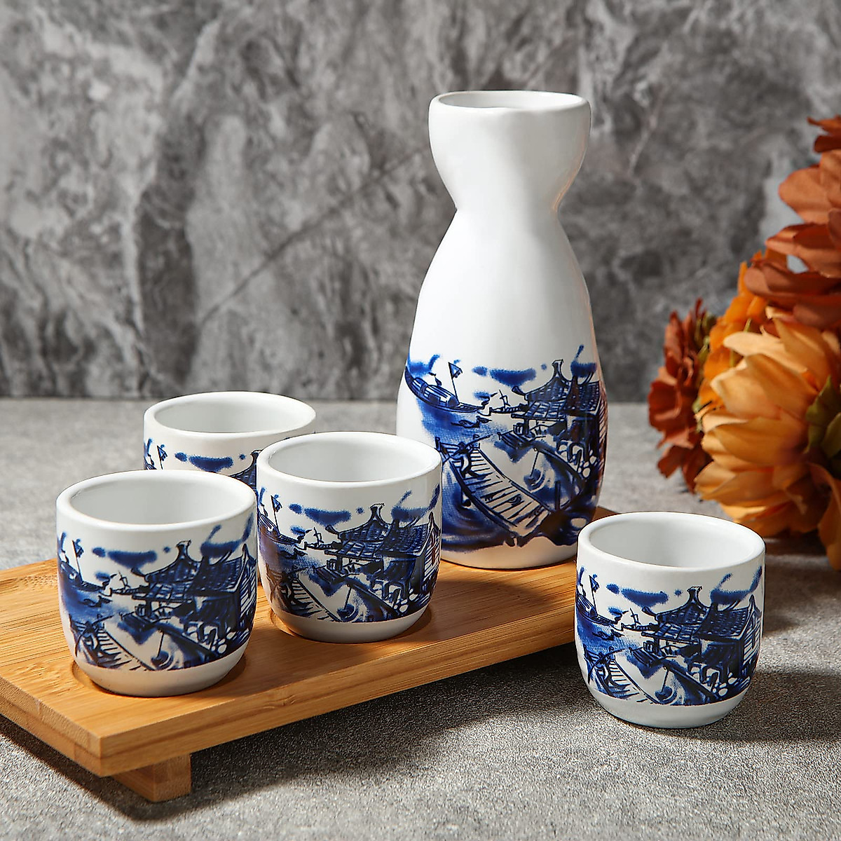 ABuff Japanese Sake Set, 1 Tokkuri Bottle & 4 Ochoko Cups with a Wooden Tray, Ceramic Sake Set Microwave and Dishwasher Safe
