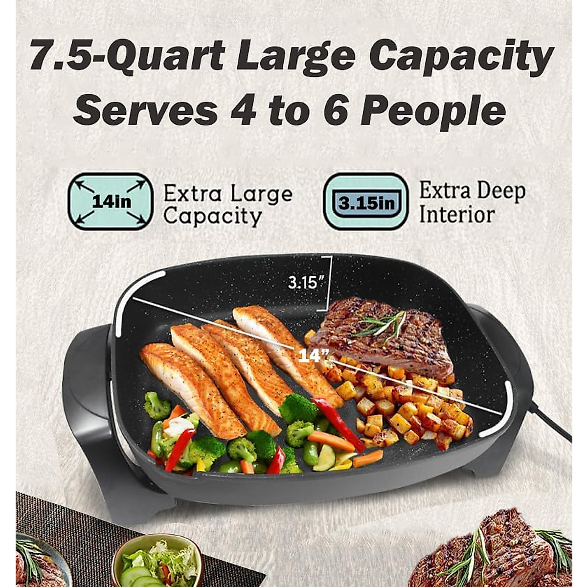 Nonstick Extra Deep Electric Skillet - with Glass Vented Lid, Serves 4 to 6 People (7.5Qt.)