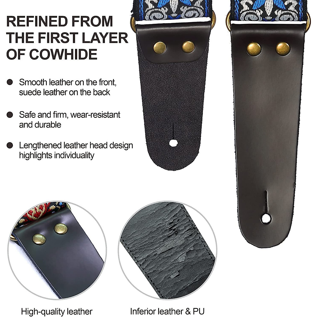 Guitar Strap, Vintage Embroidered Cotton Guitar Straps with Genuine Leather Ends for Bass, Electric & Acoustic Guitars, Come with Free Strap Button, 1 Pair Strap Locks and 4 Guitar Picks (Blue Flower)