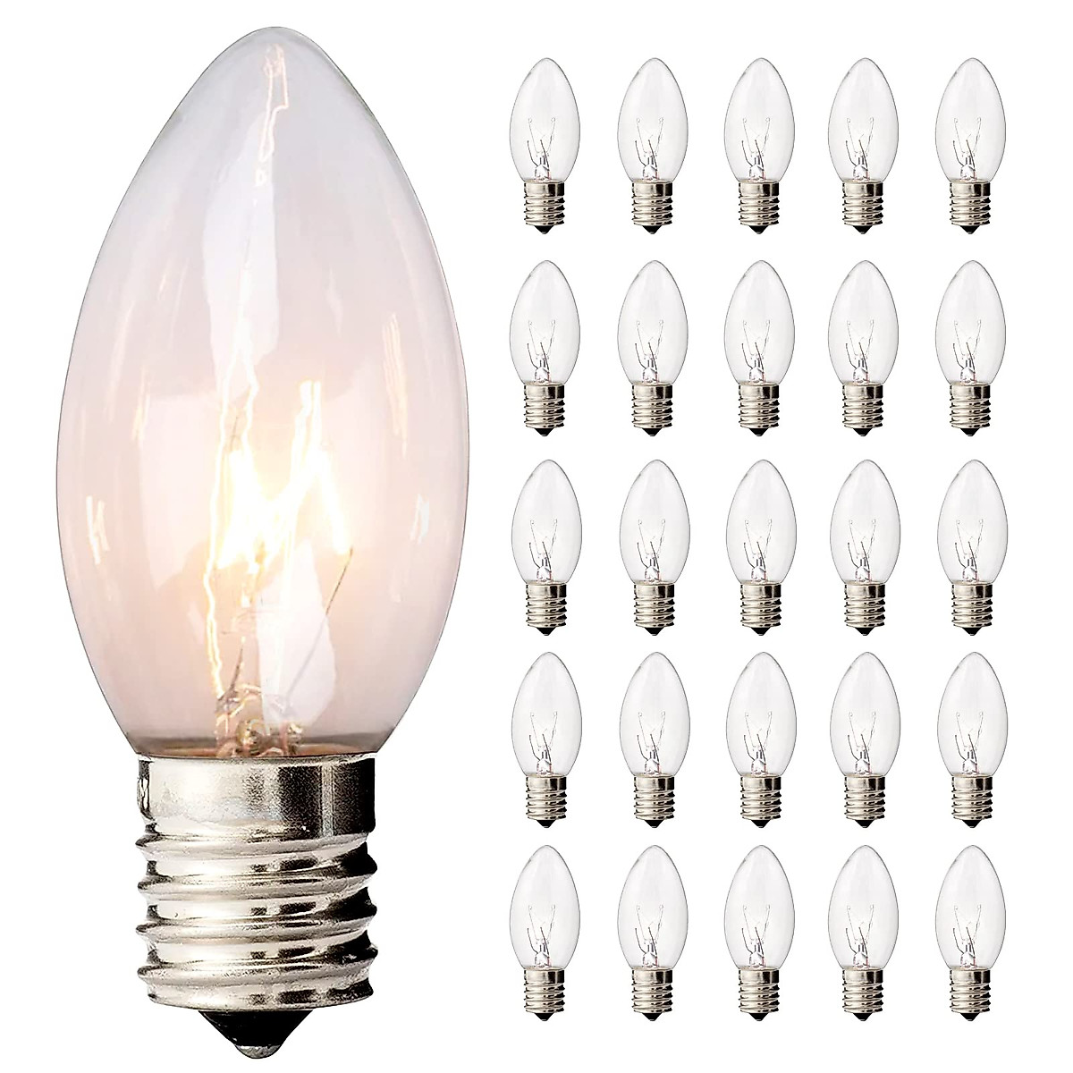 Pallerina 25 Pack C9 Clear Incandescent Bulbs, C9 Christmas Light Bulbs Replacement Light Bulb, 7 Watt Night Light Bulbs C9/E17 Intermediate Base, Candle Light Bulbs