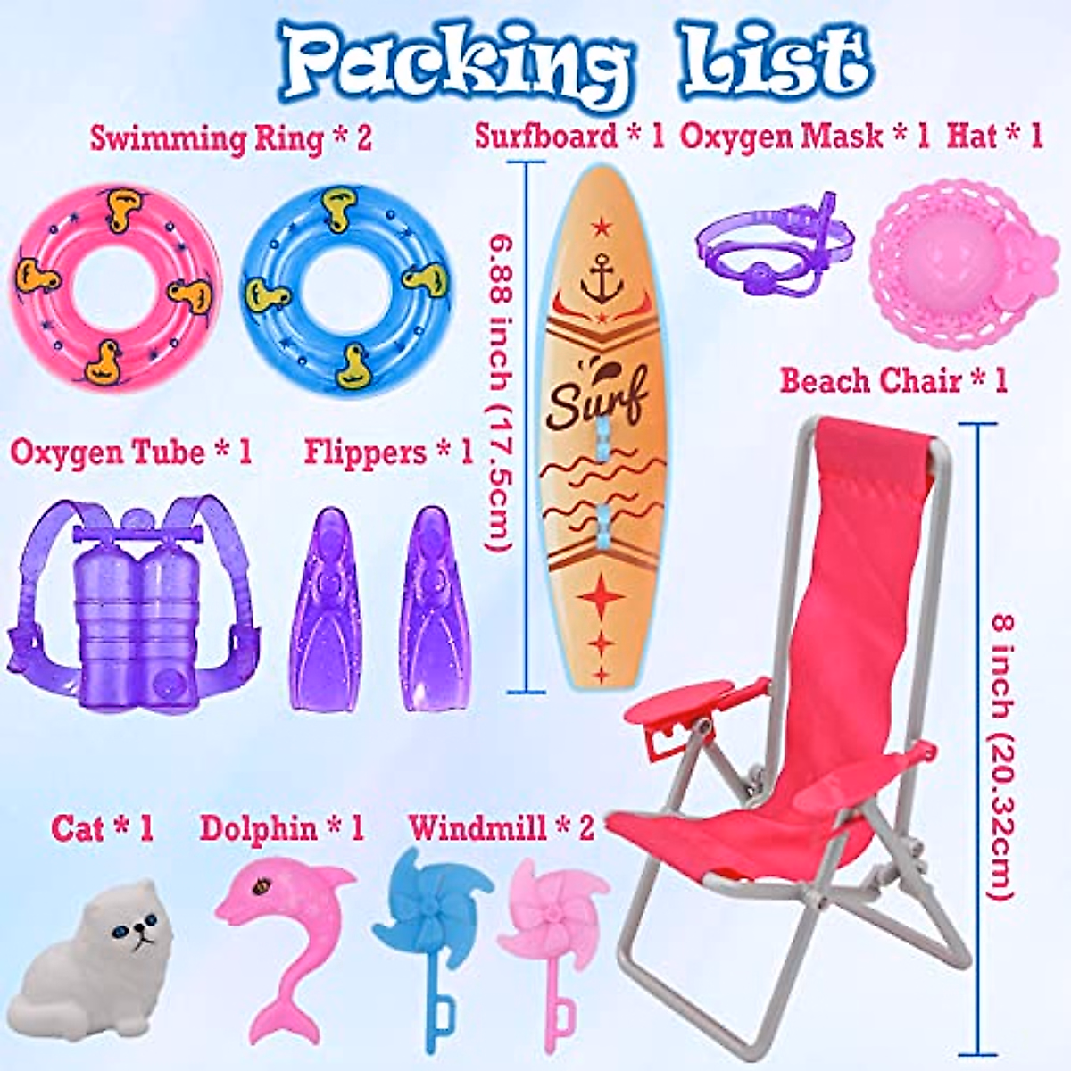 EuTengHao 36Pcs Girl Dolls Clothes Swimsuit Bikini for 11.5 inch Girl Dolls, Doll Bikini and Accessories with Diving Swimming Set Lifebuoys Beach Chair Skateboard Dolphins
