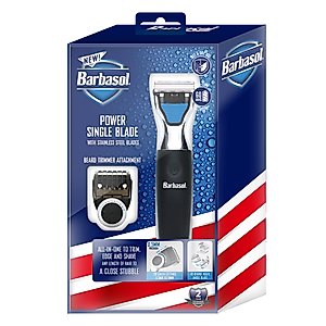 Barbasol Rechargeable Electric Wet and Dry Single Blade Shaver with Stainless Steel Blades and Adjustable Beard Trimmer Attachment