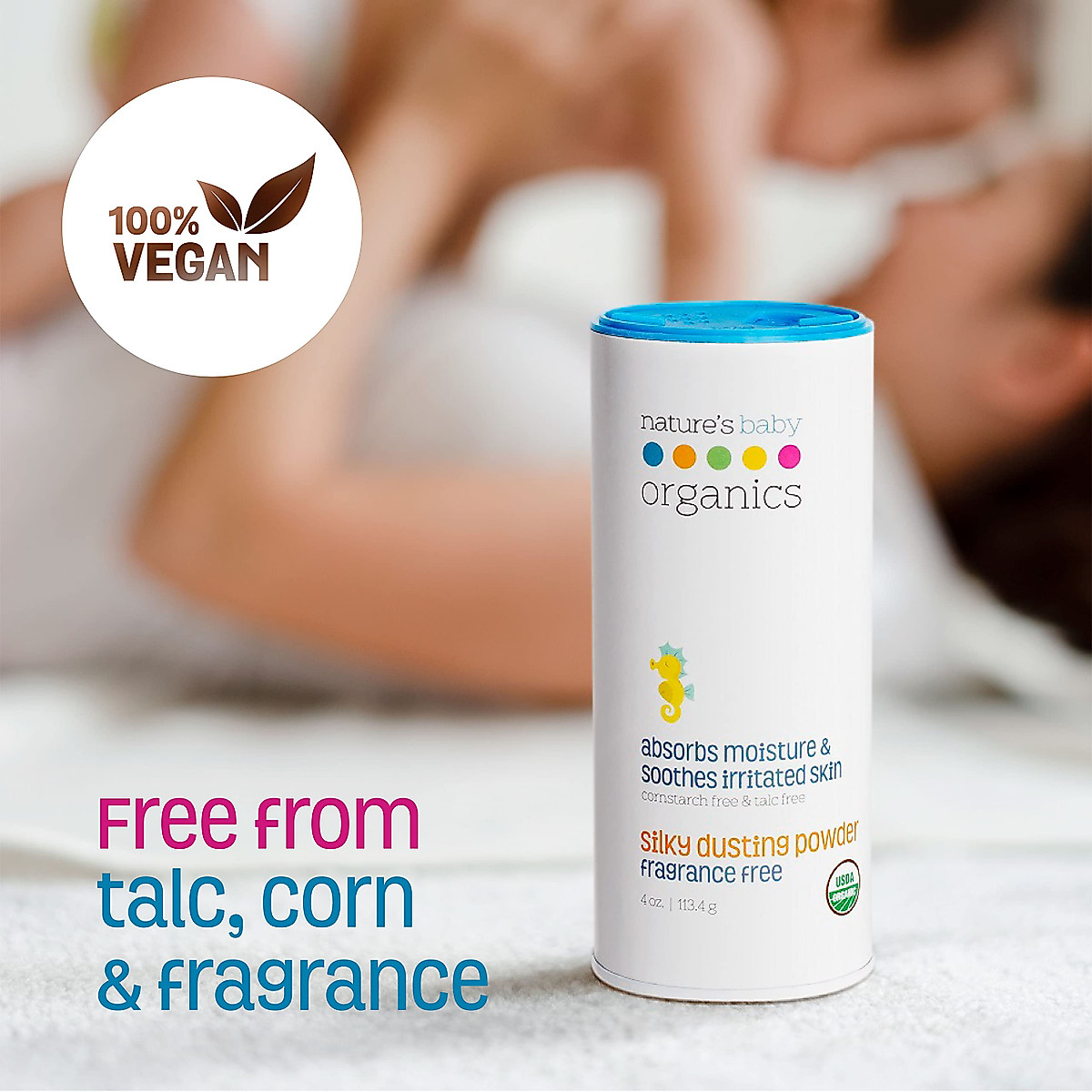 Nature's Baby Organics Baby Powder Corn Free/Talc Free Diaper Dusting Powder with Aloe Soft Gentle 100% Organic Baby Powder Hypoallergenic Fragrance Free, 4 oz Each, 2 Pack