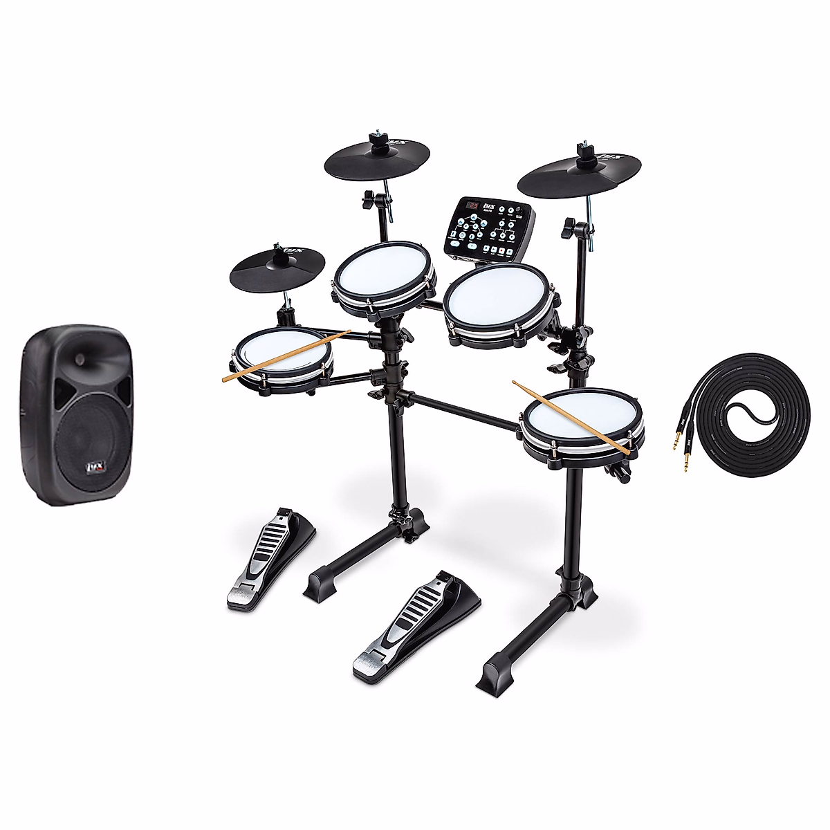 LyxJam 7-Piece Electronic Drum Kit, Drum Set with Real Mesh Fabric, 209 Preloaded Sounds, 50 Play-Along Songs, Cymbals & Kick Pedal, Drum Sticks With SPA8 Active Speaker & 15 FT Qtr to Qtr Cable